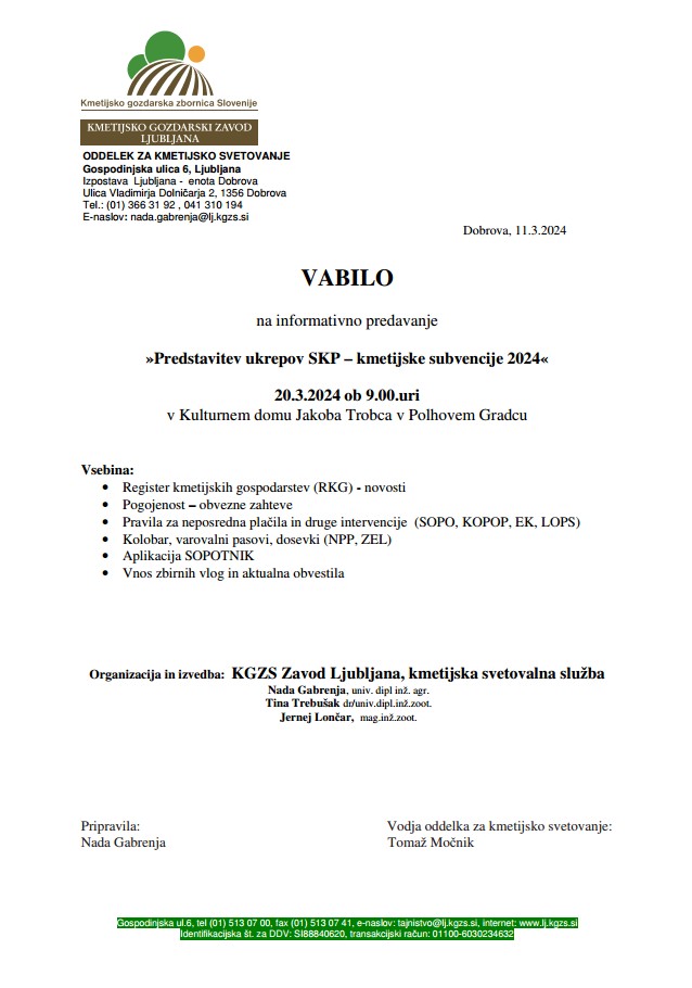 Vabilo na predavanje: »Predstavitev ukrepov SKP – kmetijske subvencije 2024« | Občina Horjul ...