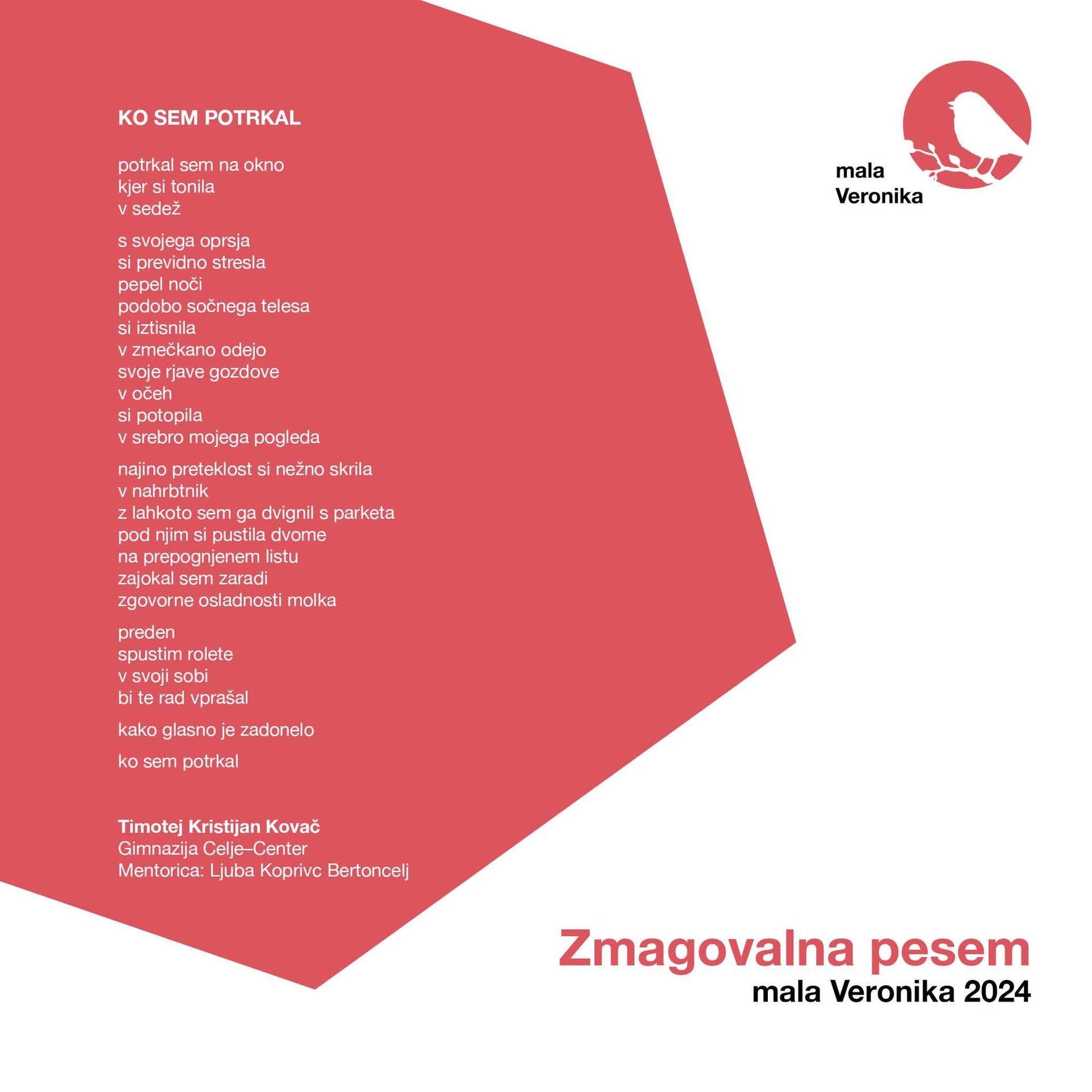 Prejemnik nagrade mala Veronika 2024 je Timotej Kristijan Kovač s pesmijo KO SEM POTRKAL ...