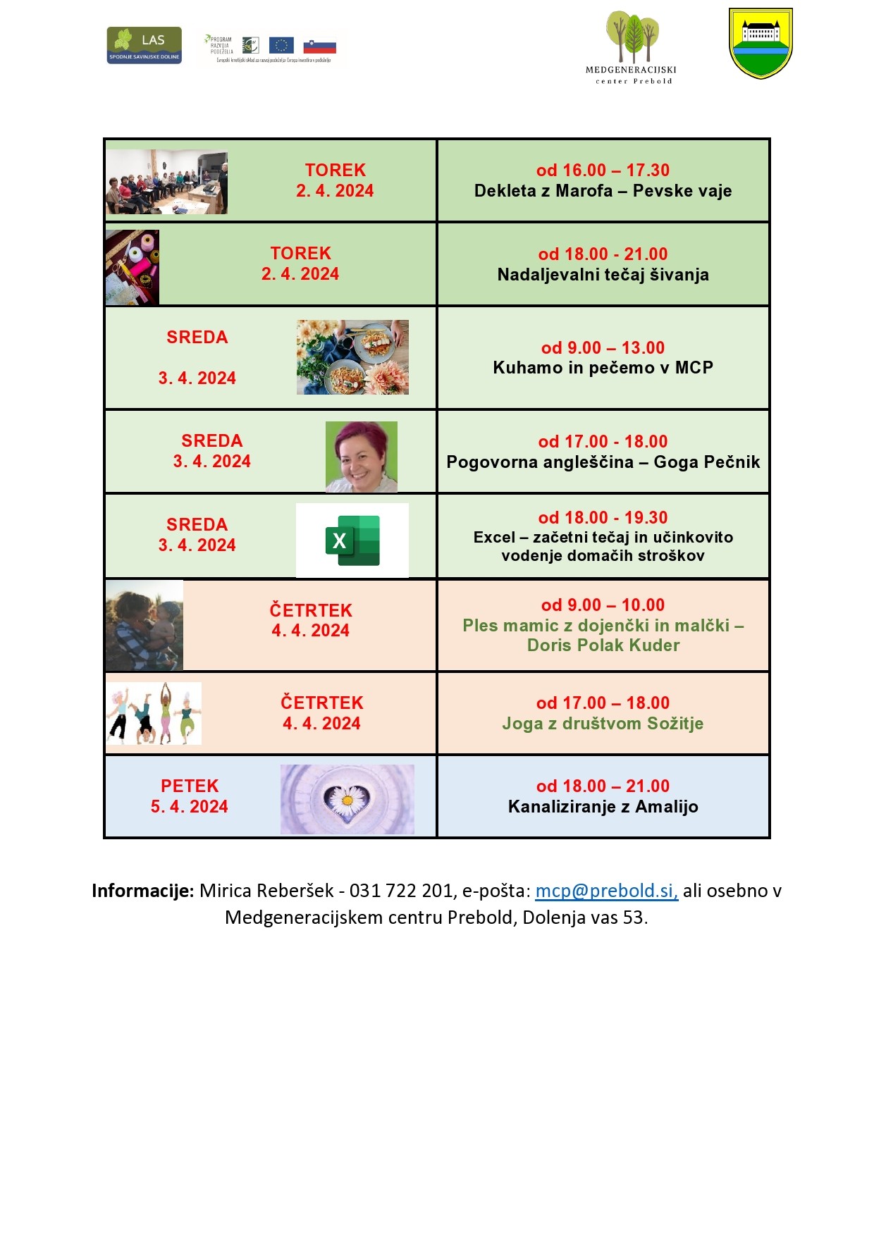 Tedenski program Medgeneracijskega centra Prebold, od torka, 2. 4. 2024 do petka, 5. 4. 2024 ...