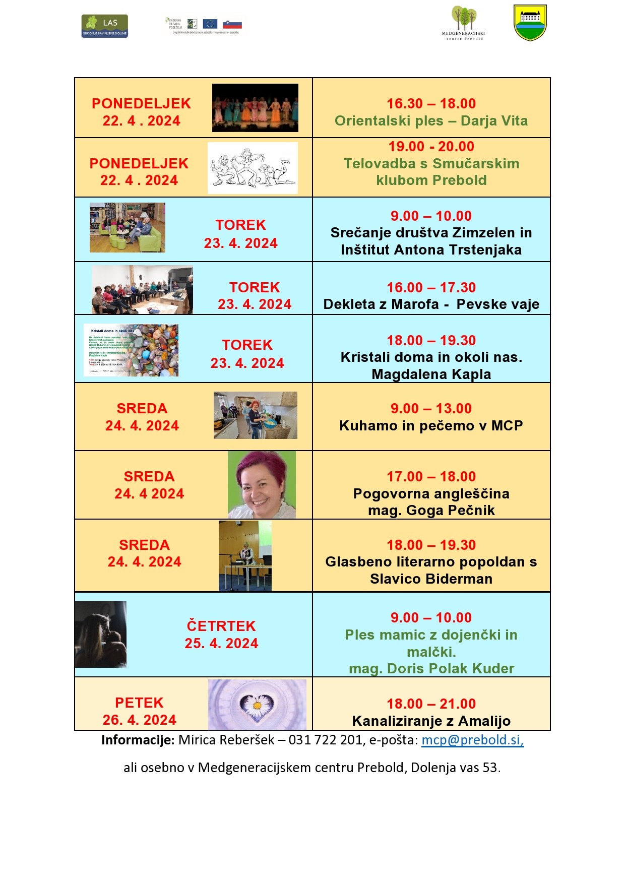 Tedenski program Medgeneracijskega centra Prebold, od ponedeljka, 22. 4. do petka, 26. 4. 2024 ...