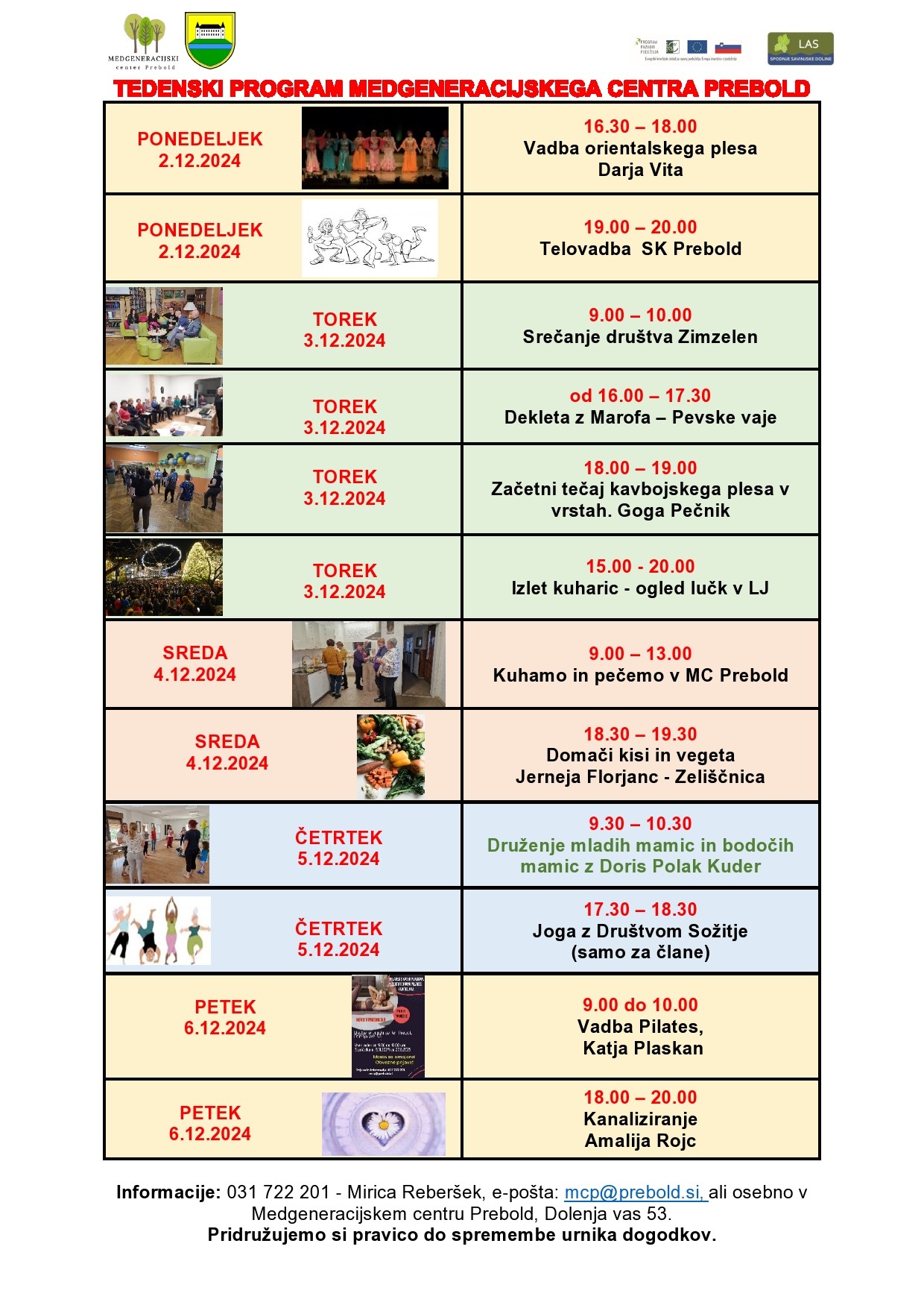 Tedenski program Medgeneracijskega centra Prebold od ponedeljka, 2.12. ...