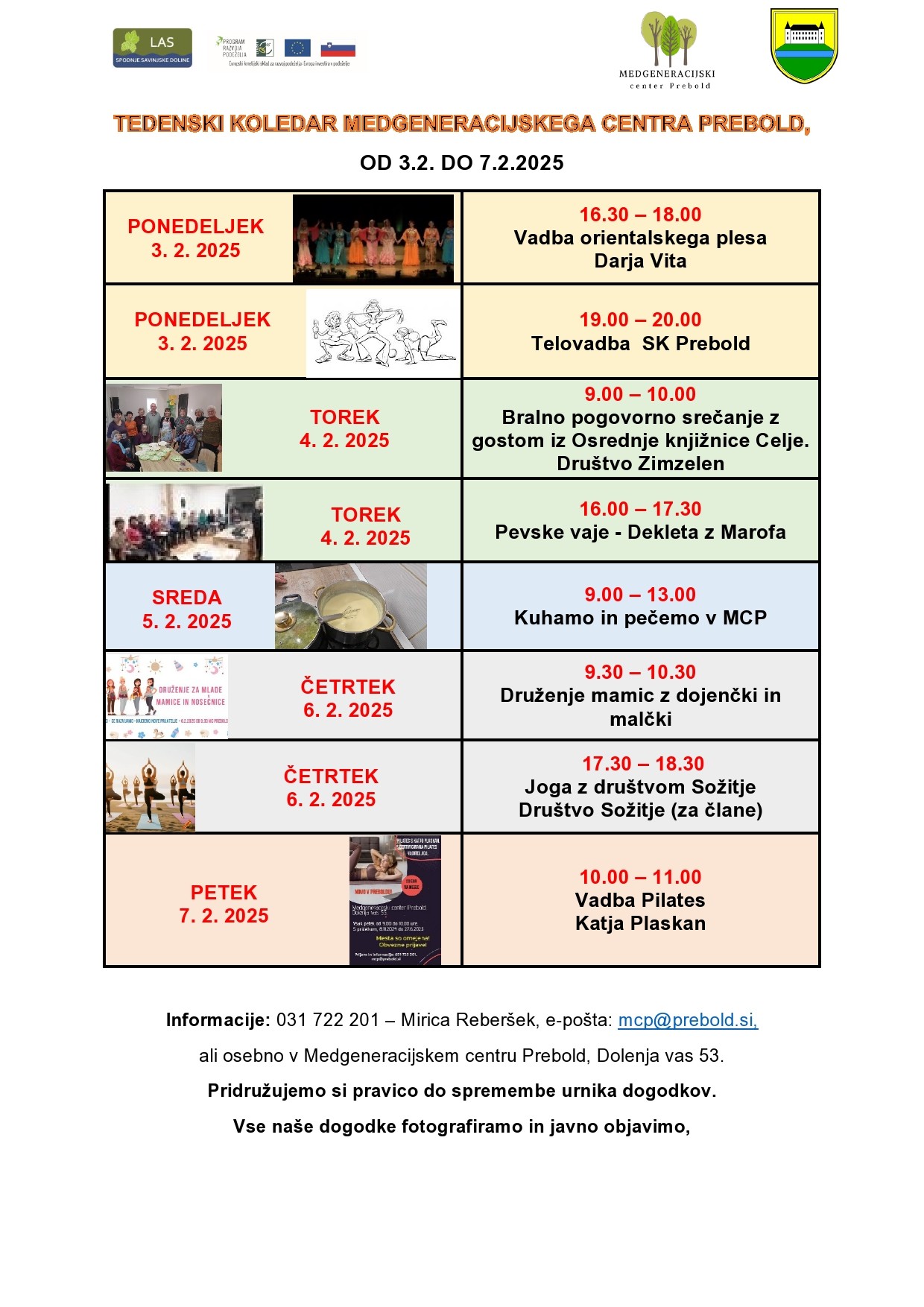 Tedenski program Medgeneracijskega centra Prebold, od ponedeljka, 3.2. ...
