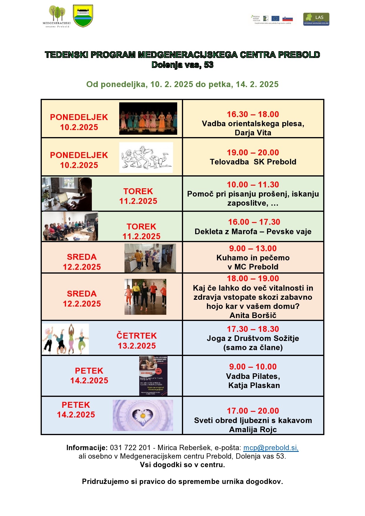 Tedenski program Medgeneracijskega centra Prebold, od ponedeljka, 10.2. ...