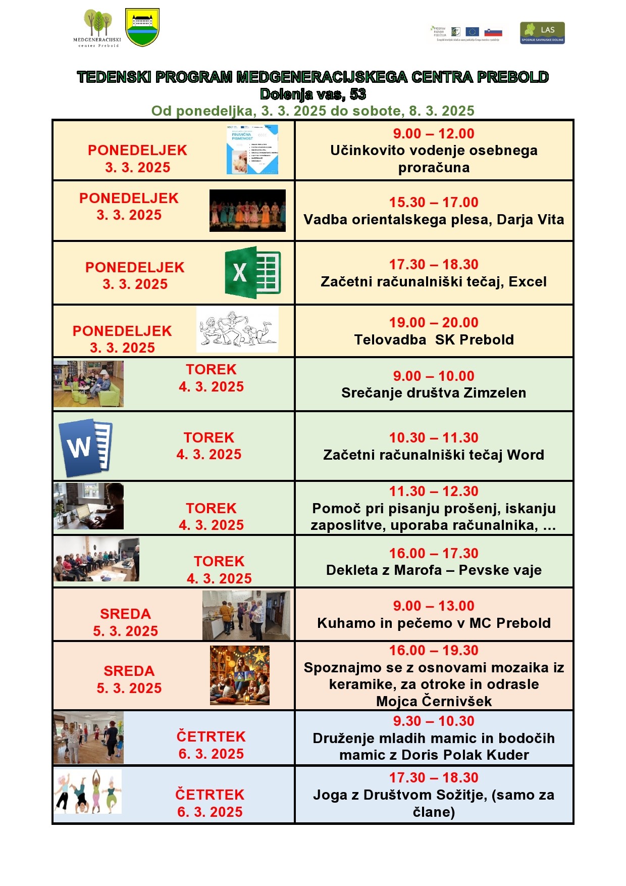 Tedenski program Medgeneracijskega centra Prebold, od ponedeljka, 3.3. ...