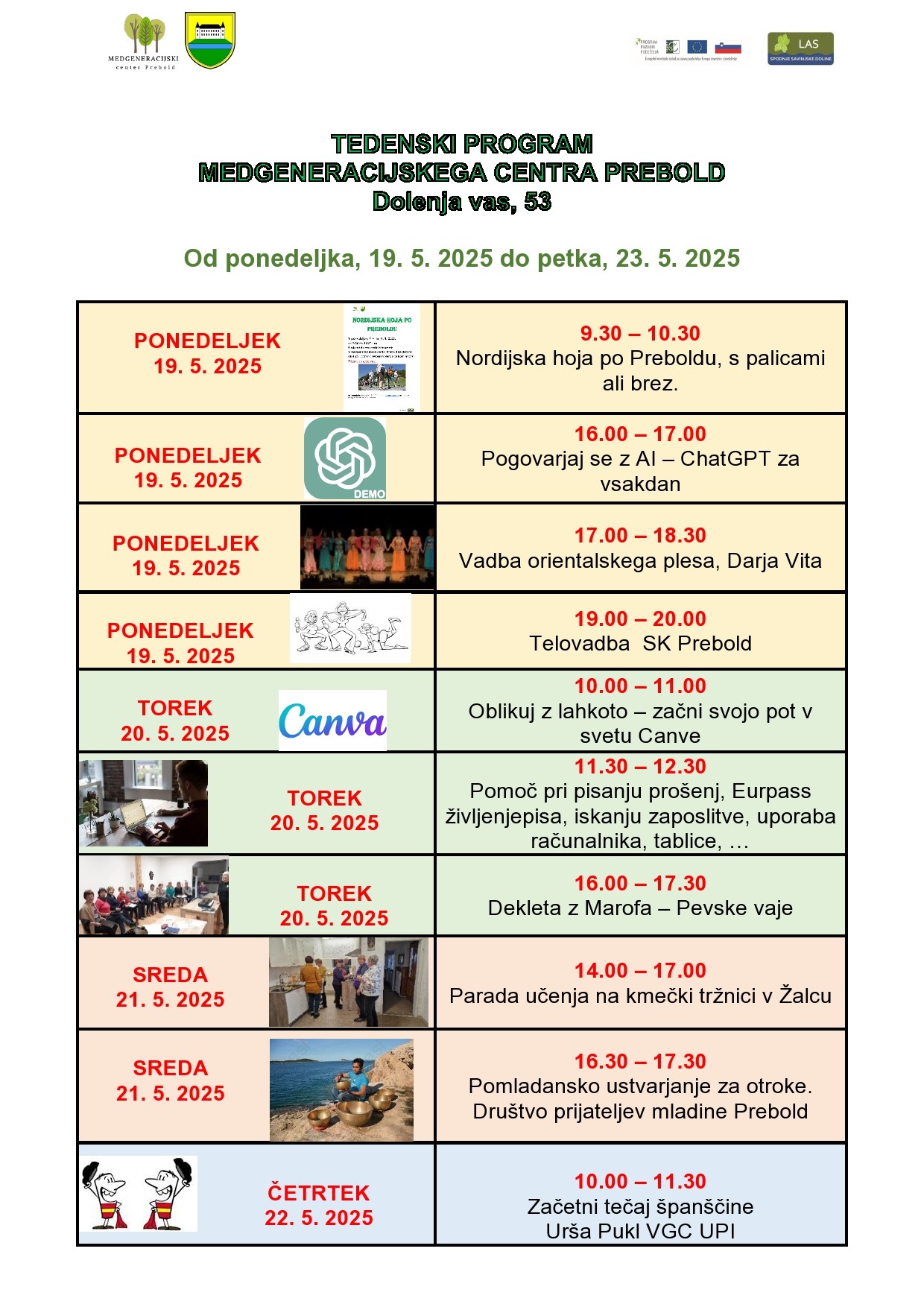 Program Medgeneracijskega centra Prebold, od ponedeljka, 19. 5. 2025 do petka, 23. 5. 2025 ...