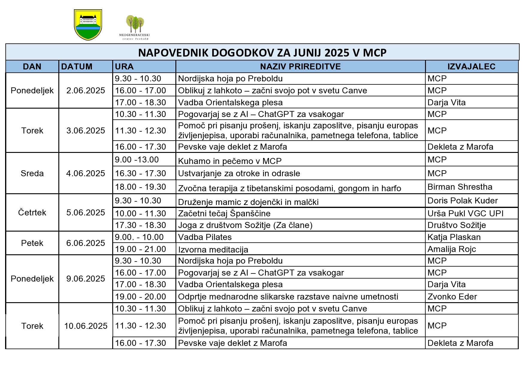 Mesečni program Medgeneracijskega centra Prebold, za mesec JUNIJ 2025 ...