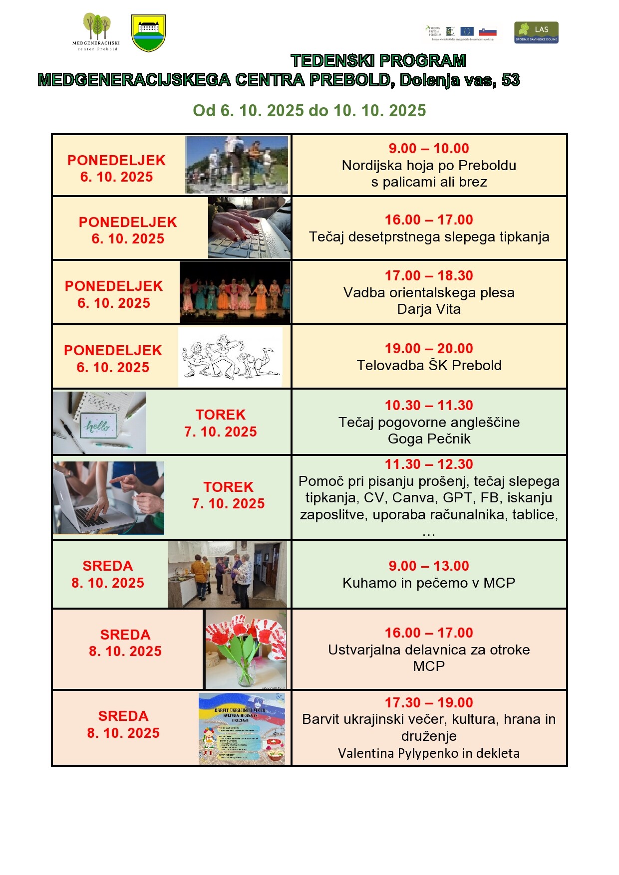 Tedenski program Medgeneracijskega centra Prebold, od ponedeljka, 6. 10 ...