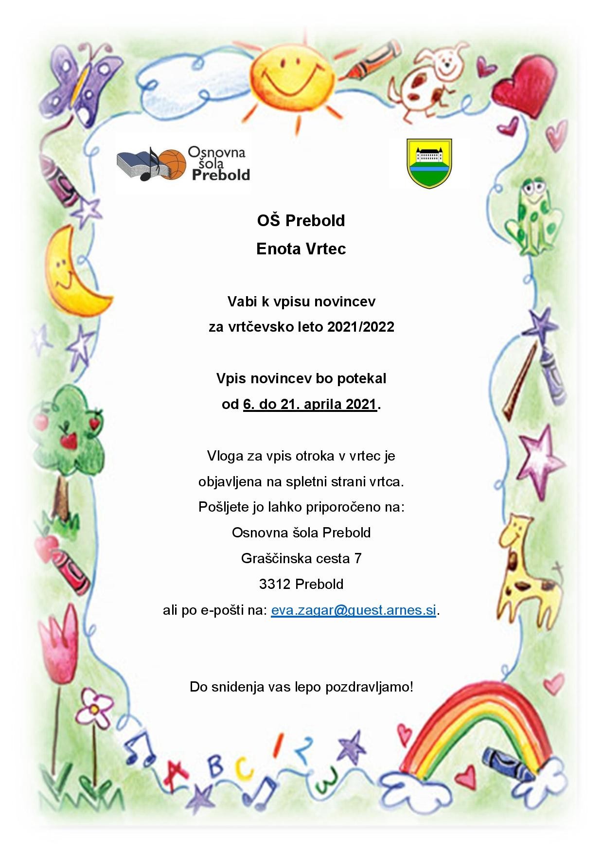 Vpis otrok v Vrtec Prebold od 6. do 21. aprila 2021 | Občina Prebold ...