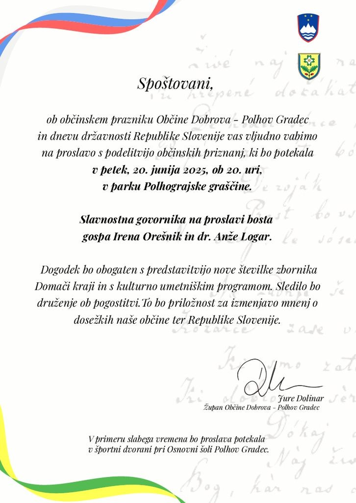 Vabljeni na občinsko proslavo | Občina Dobrova-Polhov Gradec | MojaObčina.si
