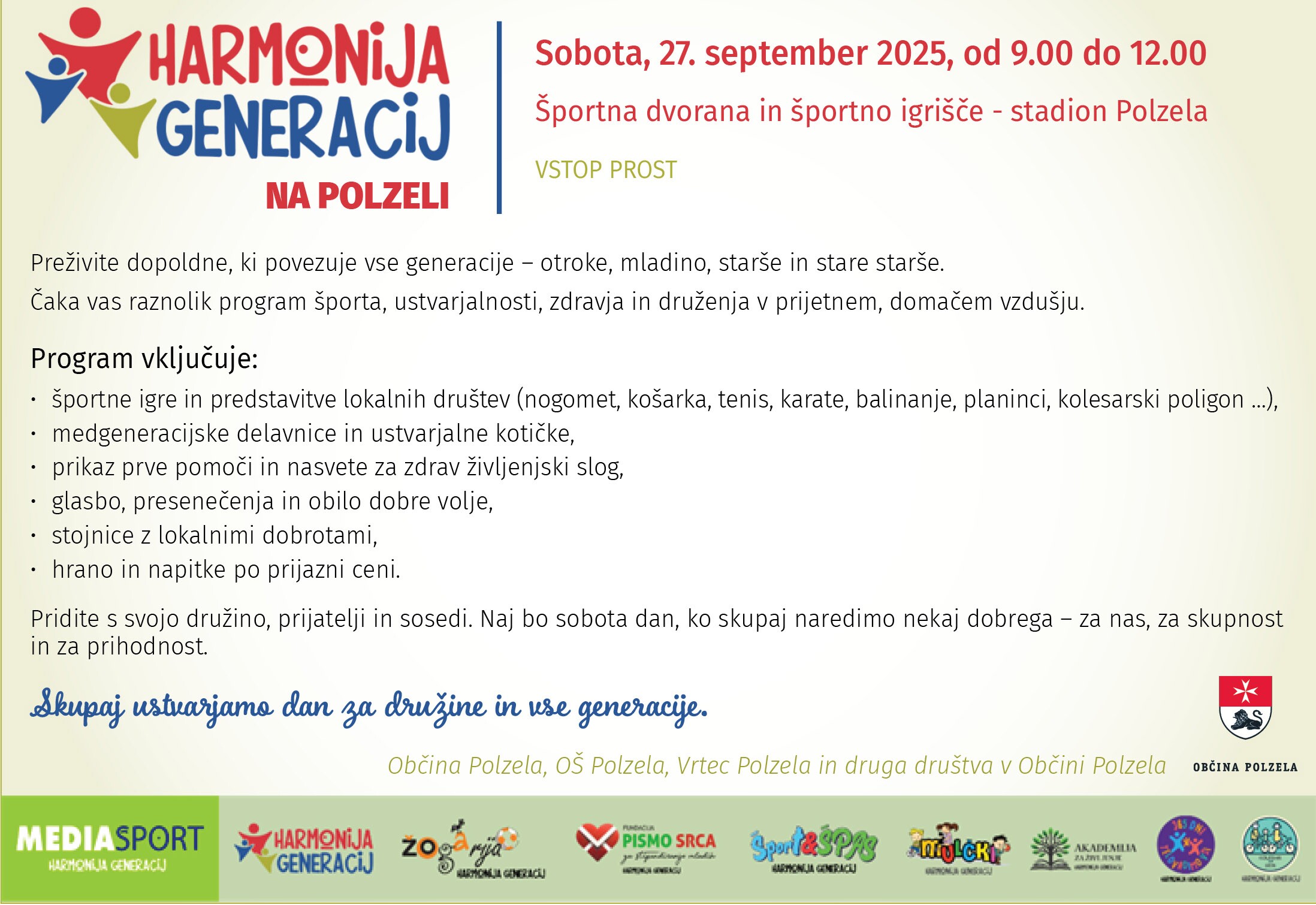 Harmonija generacij – sobota, 27. 9. 2025, od 9.00 do 12.00, Športna dvorana in športno igrišče ...