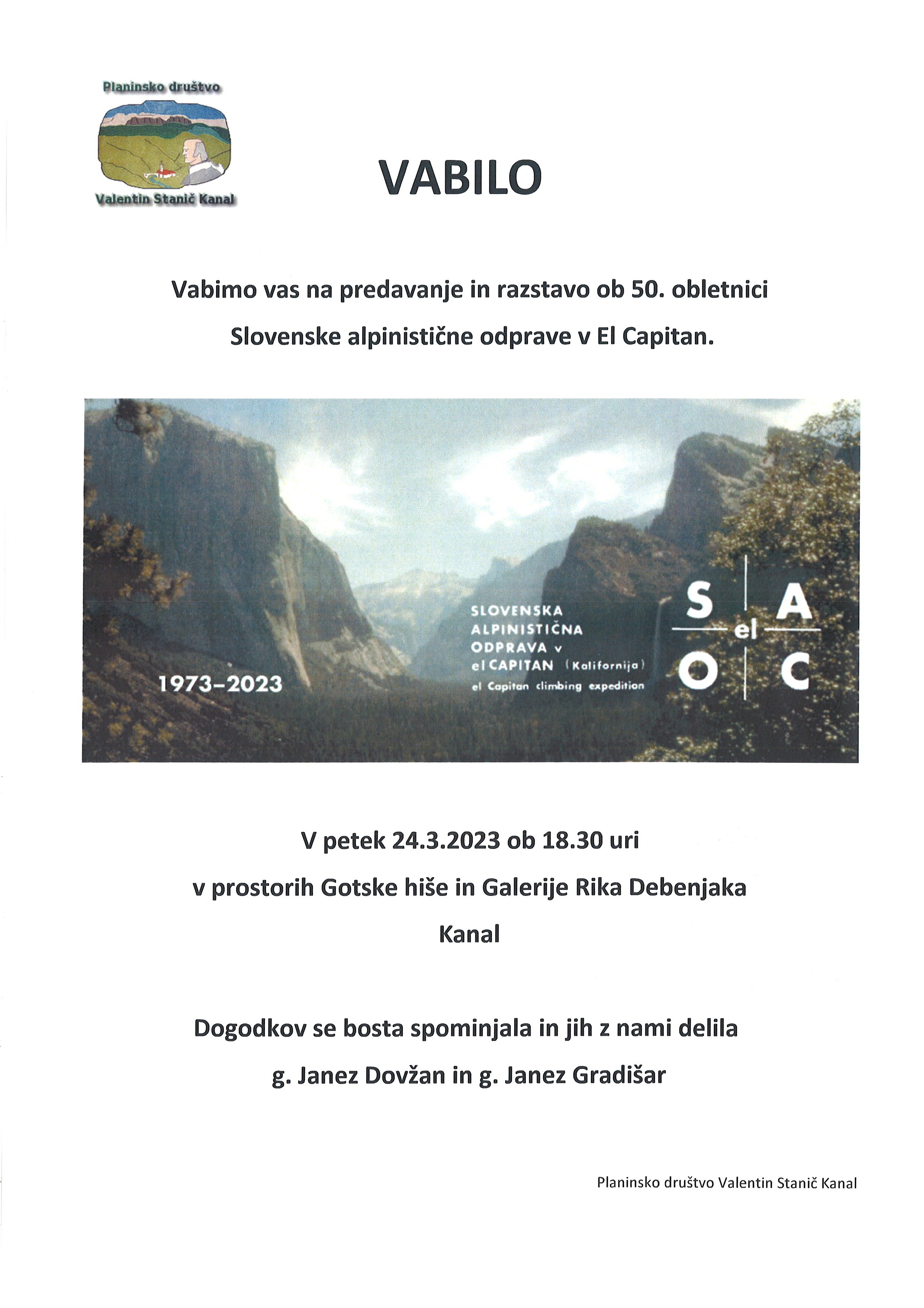 VABILO na predavanje in razstavo ob 50. letnici Slovenske alpinistične odprave v El Capitan ...