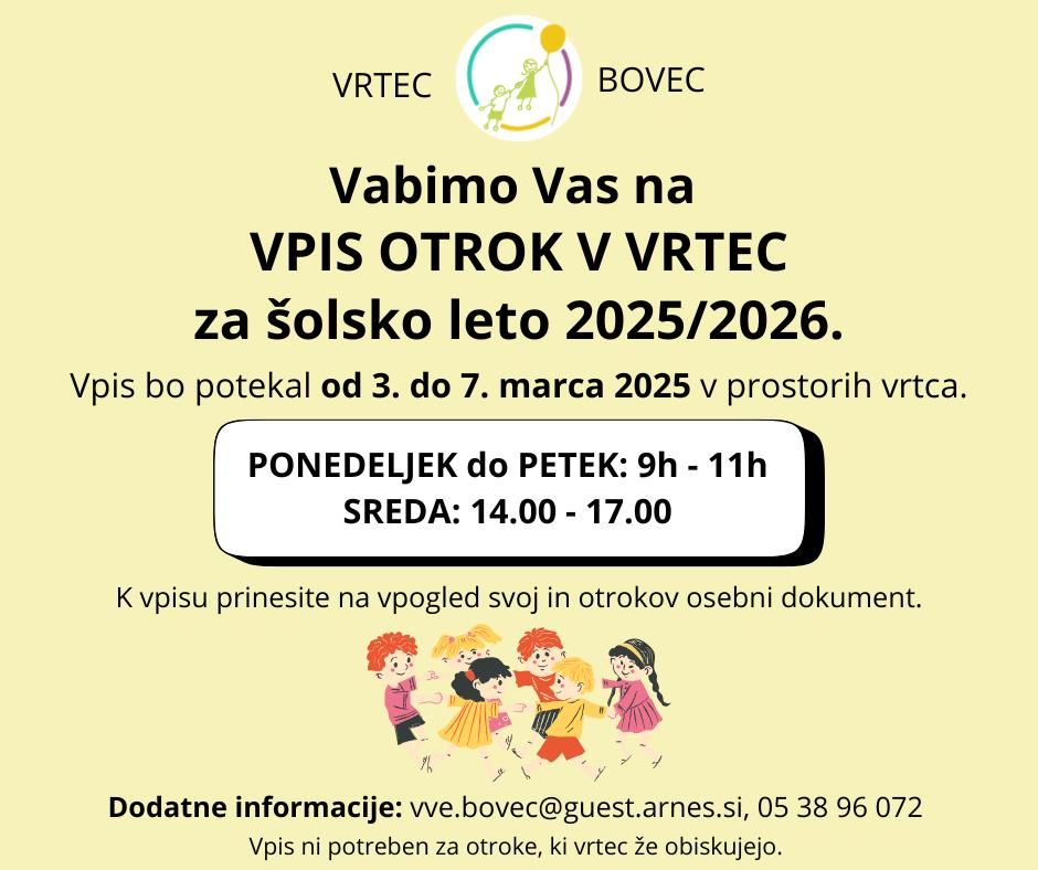 POVABILO K VPISU OTROK V VRTEC | Občina Bovec | MojaObčina.si