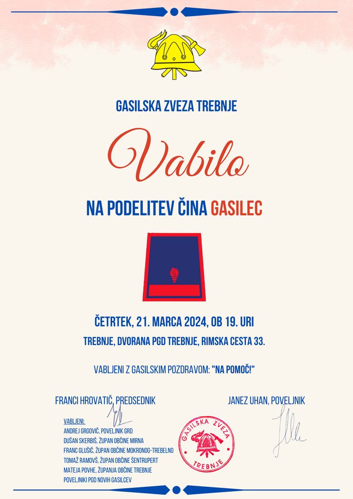 PODELITEV ČINA GASILEC - dogodki v občini Trebnje | MojaObčina.si