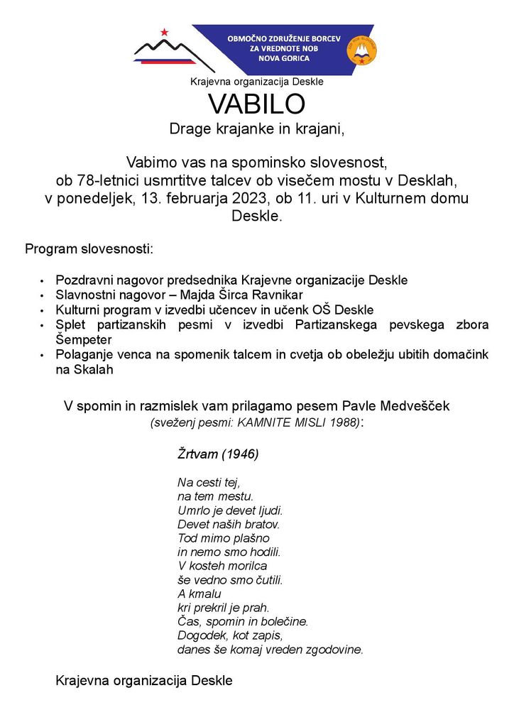 Spominska slovesnost, ob 78-letnici usmrtitve talcev ob visečem mostu v Desklah - dogodki v ...