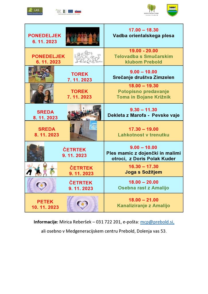 Tedenski program Medgeneracijskega centra Prebold od ponedeljka, 6. 11. do petka, 10. 11. 2023 ...