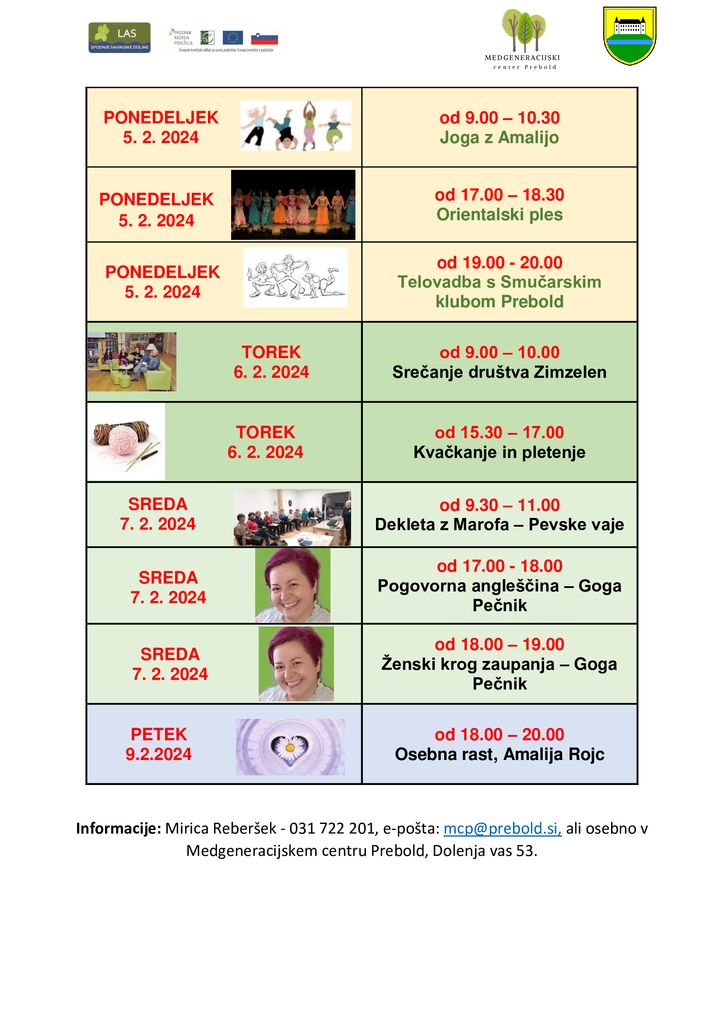 Tedenski program Medgeneracijskega centra Prebold, od ponedeljka, 5. 2. 2024 do petka, 9.2.2024 ...