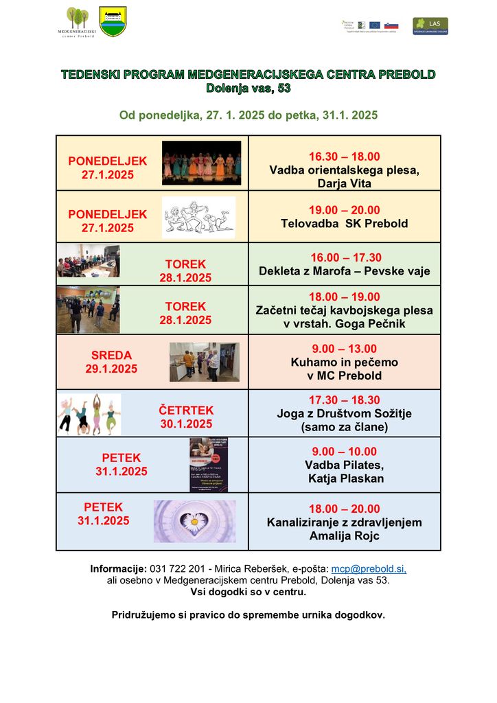 Tedenski program Medgeneracijskega centra Prebold, od ponedeljka, 27.1.2025 do petka, 31.1.2025 ...
