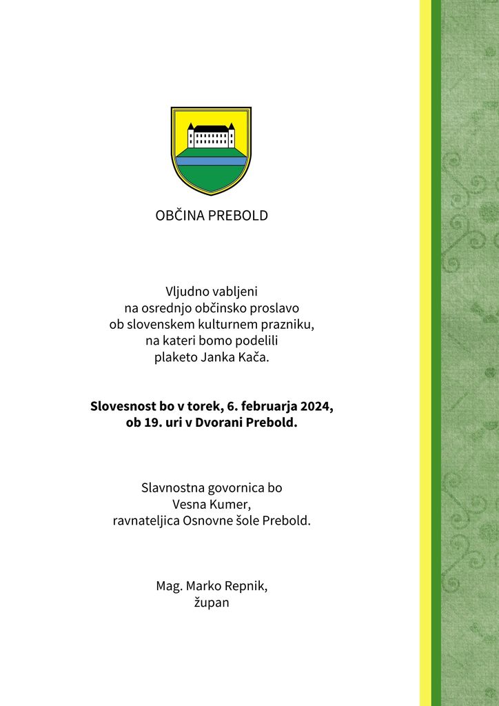 Vabilo na slovesnost ob slovenskem kulturnem prazniku | Občina Prebold | MojaObčina.si