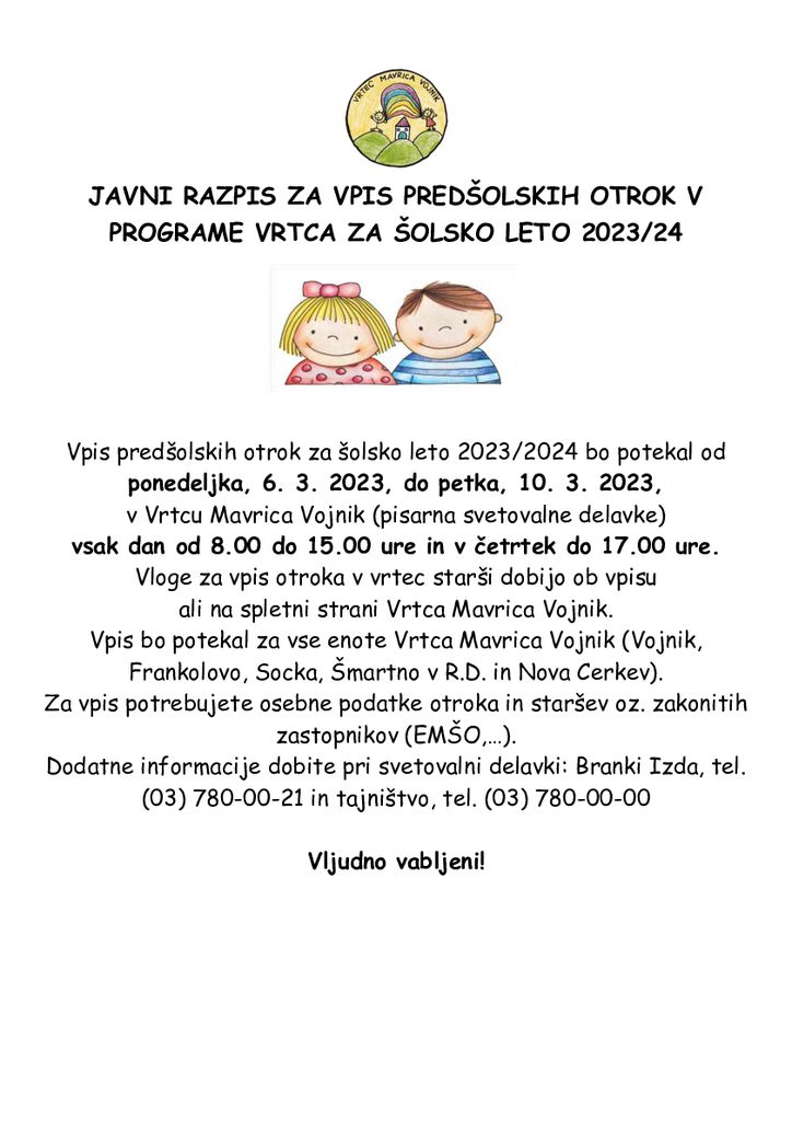JAVNI RAZPIS ZA VPIS PREDŠOLSKIH OTROK V PROGRAME VRTCA ZA ŠOLSKO LETO 2023/24 | Občina Vojnik ...
