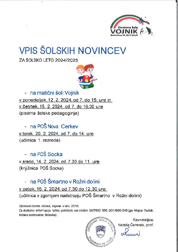 Vpis šolskih novincev za šolsko leto 2024/25 na OŠ Vojnik | Občina Vojnik | MojaObčina.si