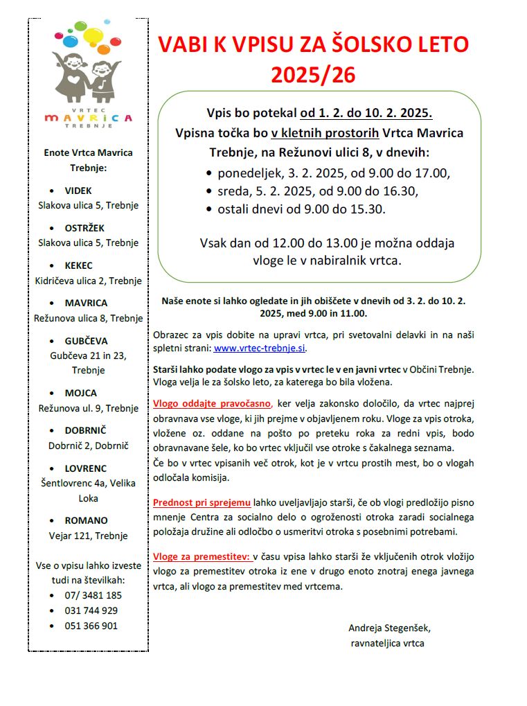 Vabilo k vpisu za šolsko leto 2025-26 | Občina Trebnje | MojaObčina.si