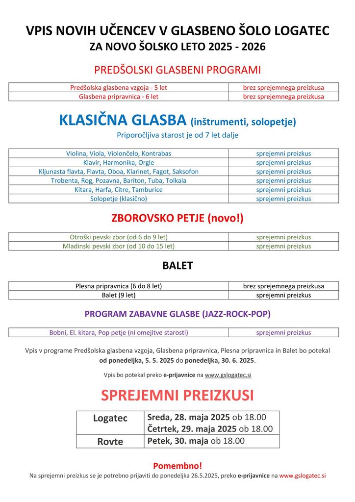 VPIS novih učencev v Glasbeno šolo Logatec za šol. leto 2025/26 | Občina Logatec | MojaObčina.si