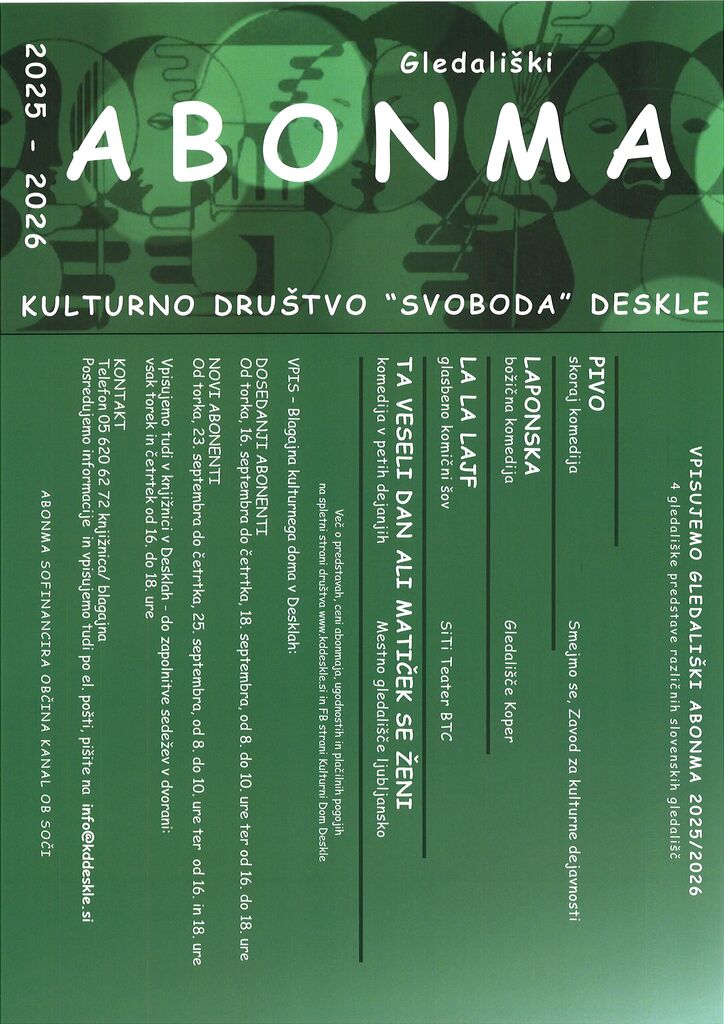 Kulturno društvo Svoboda Deskle vpisuje Gledališki abonma 2025/2026 | Občina Kanal ob Soči ...