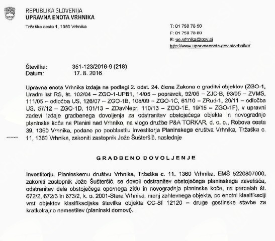 Nova koča že ima gradbeno dovoljenje | Občina Vrhnika | MojaObčina.si