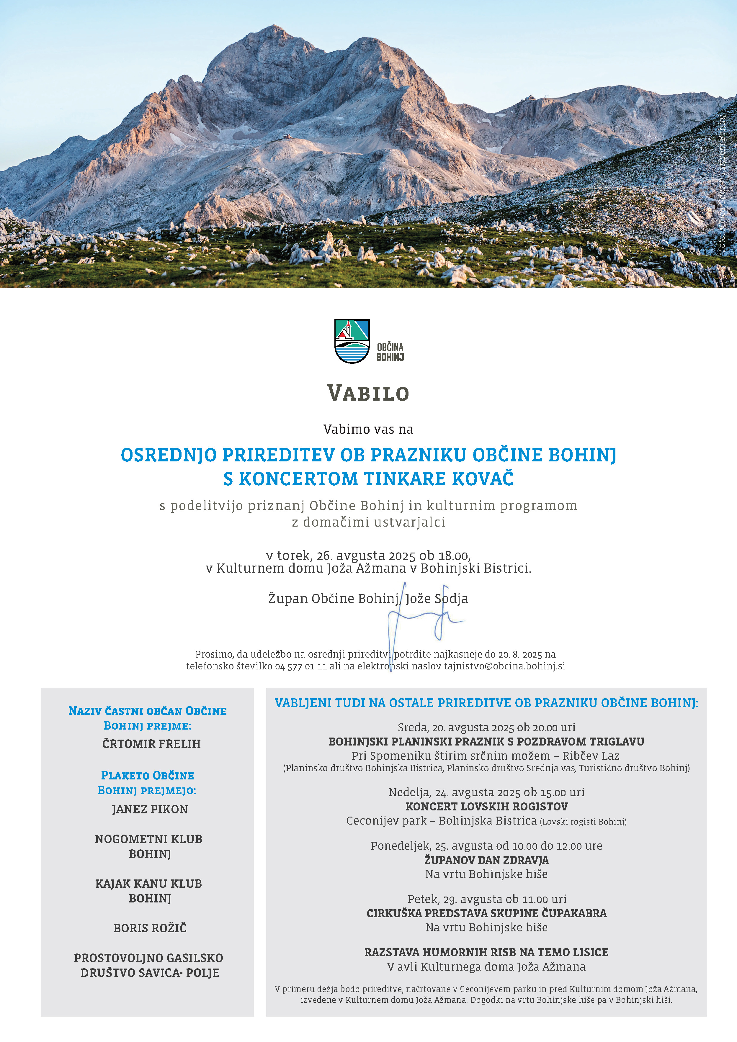 Vabljeni na osrednjo slovesnost ob Občinskem prazniku Občine Bohinj in ostale spremljajoče ...